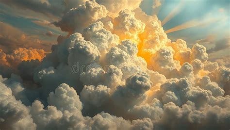 Golden Sunlight Illuminates Massive Cumulus Cloudscape Stock