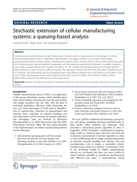 Pdf Stochastic Extension Of Cellular Manufacturing Systems A Queuing