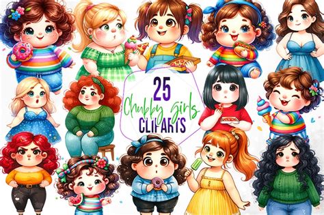 25 Cute Chubby Girls Clipart Bundle Watercolor Chubby Girls Design For