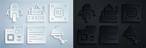 컴퓨터 Api 인터페이스 마이크로 회로 Cpu프로세서 마더보드 디지털 칩 웨이터 로봇 오류 및 로봇 아이콘을 설정합니다 벡터 3차원 형태에 대한 스톡 벡터 아트 및 기타