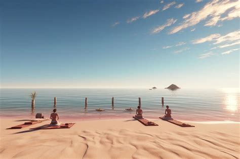 Premium Photo Seaside Yoga Class On A Tranquil Beach Combining