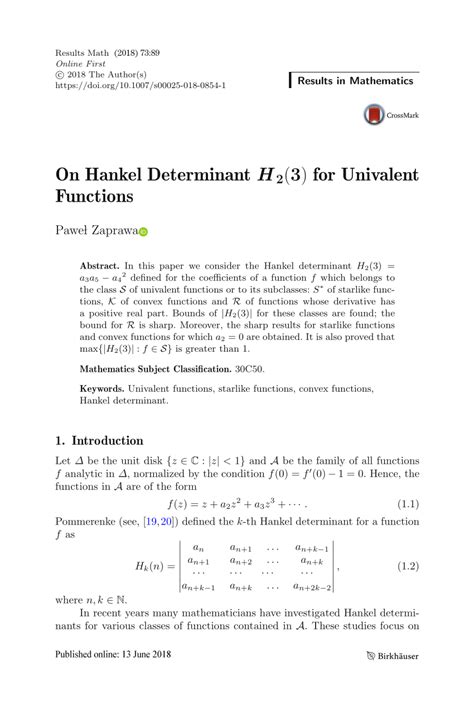 Pdf On Hankel Determinant H23 For Univalent Functions