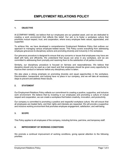 Employment Relations Policy Template Free Word And Pdf