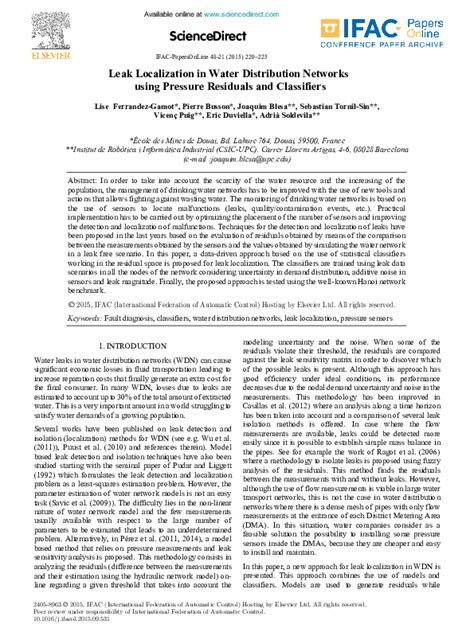 Pdf Leak Localization In Water Distribution Networks Using Pressure Residuals And Classifiers