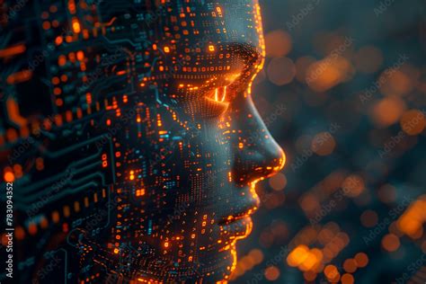 Abstract Concept Of A Digital Human Face Morphing Into Binary Code Set