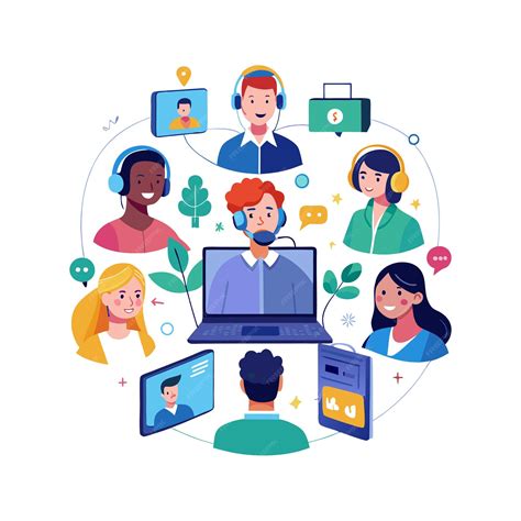 Virtual Meeting With Laptops Headphones And Virtual Background On A White Background Premium