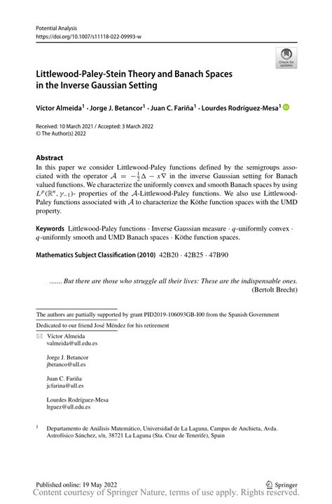 Pdf Littlewood Paley Stein Theory And Banach Spaces In The Inverse Gaussian Setting