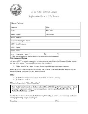 Fillable Online Co Ed Adult Softball League Registration Form Fax Email Print PdfFiller
