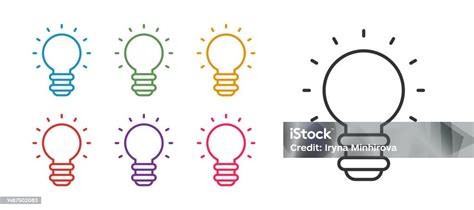 흰색 배경에 격리 된 라인 크리에이티브 램프 라이트 아이디어 아이콘을 설정합니다 개념 아이디어 영감 발명 효과적인 사고 지식과 교육 다채로운 아이콘을 설정합니다 벡터 개념에