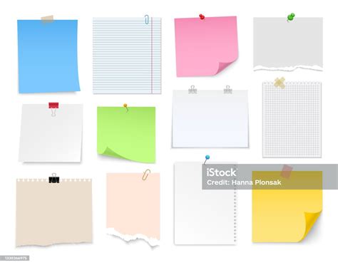 핀 바인더 클립 푸시 핀 접착제 테이프 및 압정이있는 종이를 기록하십시오 빈 시트 끈적 끈적한 메모 찢어진 종이 및 노트북 페이지 메모 메시지에 대한 템플릿입니다 벡터