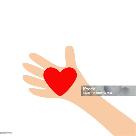 인간의 손으로 팔 들고 붉은 빛나는 심장 모양 기호 신체 부분을 닫습니다 해피 발렌타인 데이 하루 인사말 카드입니다 평면 디자인 스타일입니다 사랑 영혼 선물 개념 흰색 배경