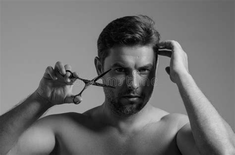 Mens Hairstyle Haircut Middle Aged Man With Scissors Cut Hair Mens Haircare Beauty Barber