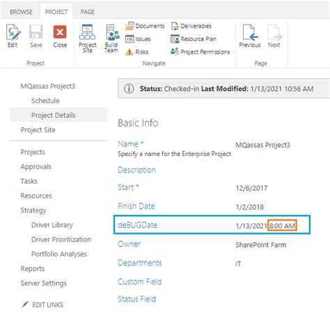Format Date Field In Project Server 2016 2019 Project Details Page Pdp