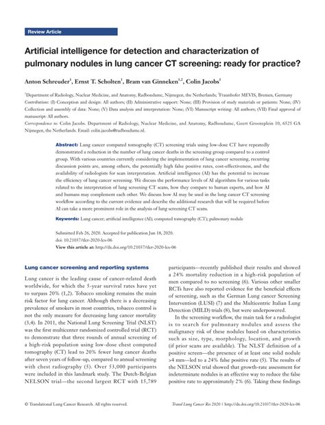 Pdf Artificial Intelligence For Detection And Characterization Of Pulmonary Nodules In Lung