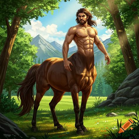 A Muscular Male Centaur With Antlers Stands In A Sunny Forest Clearing