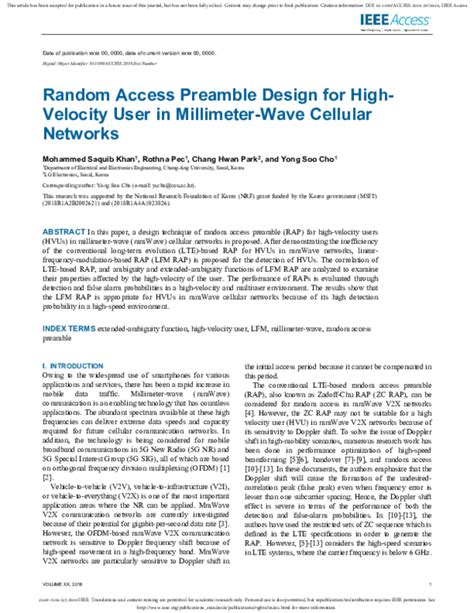 Pdf Random Access Preamble Design For High Velocity User In Millimeter Wave Cellular Networks