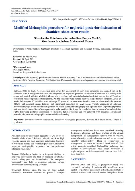 Pdf Modified Mclaughlin Procedure For Neglected Posterior Dislocation Of Shoulder Short Term