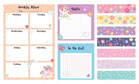 Cute Unicorn Weekly Planner And Note Pages Big Vector Set Stock Vector Illustration Of