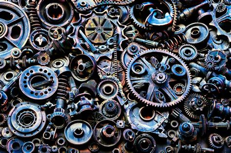 Steampunk 질감 기계 부품 장치 바퀴 Backgroung 스팀 펑크 기어 기어 자동차 부품 오래 된 녹슨 철 체인 스프링