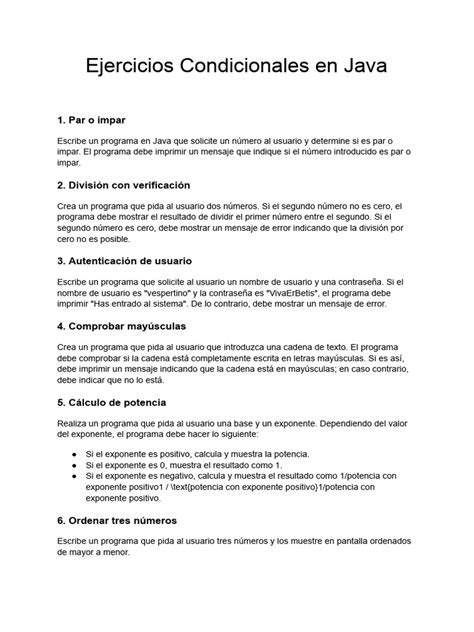 Ejercicios Condicionales En Java Pdf