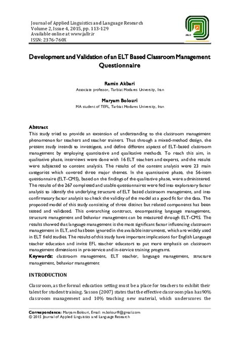 Pdf Development And Validation Of An Elt Based Classroom Management Questionnaire
