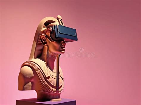 Ancient Egyptian Statue With Vr Headset And Experiencing Virtual Reality Simulation Metaverse