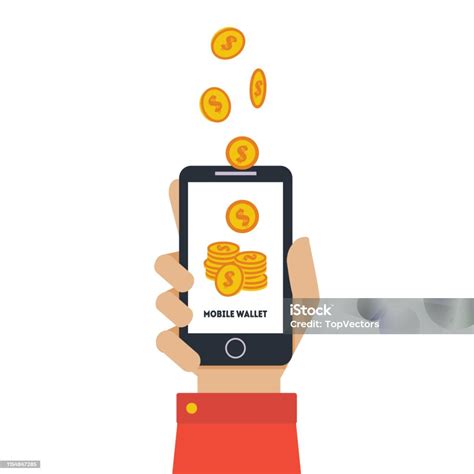 디지털 모바일 지갑 손을 잡고 스마트 폰 무선 송금 사람들은 휴대 전화 벡터 일러스트 레이 션으로 돈을 보내고 받는 사람 Brand Name Mobile Payment에