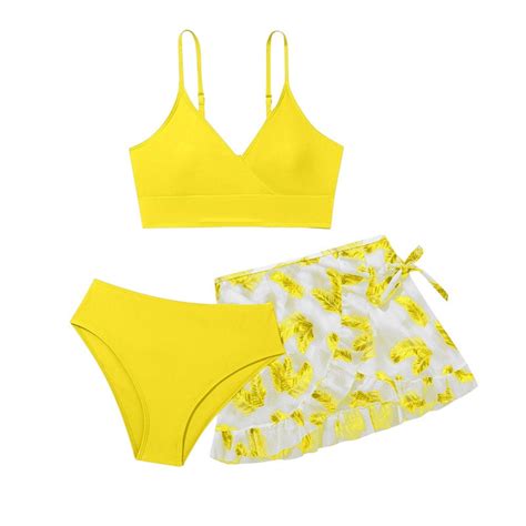3 Piece Girls Bikini Set Spaghetti Strap V Neck Halter Elastic Waist