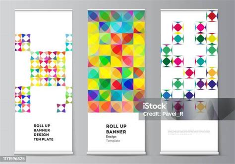 롤업 배너 스탠드 수직 전단지 플래그 디자인 비즈니스 템플릿의 벡터 일러스트 레이아웃 추상 배경 밝은 원 기하학적 모양과 기하학적 모자이크 패턴 개념에 대한 스톡 벡터 아트