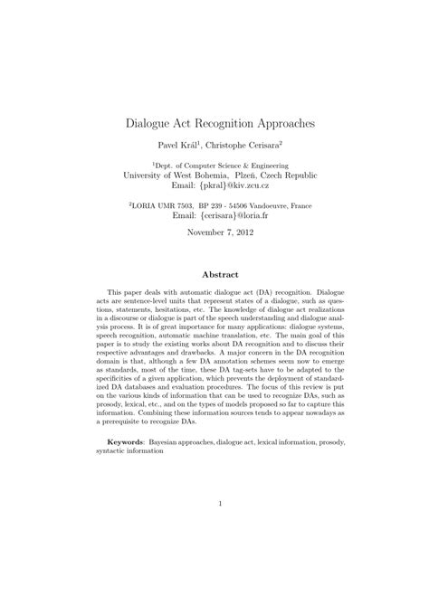 Pdf Dialogue Act Recognition Approaches