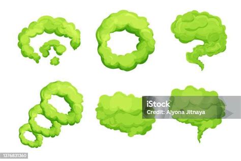 흰색 배경에 고립 된 만화 스타일의 녹색 냄새 증기 독성 악취 연기 먼지 구름 또는 방귀를 설정합니다 컬렉션 나쁜 향기 향기