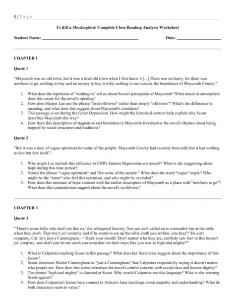 To Kill A Mockingbird Quote Analysis Close Reading Worksheet By Munro