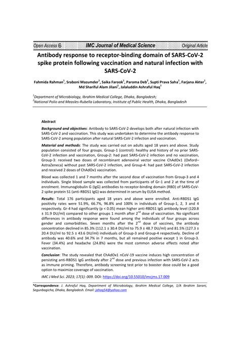 Pdf Antibody Response To Receptor Binding Domain Of Sars Cov 2 Spike Protein Following