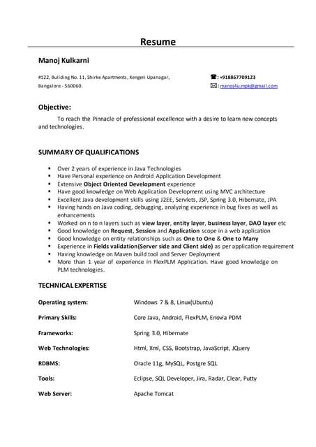 Manoj Java Plm 2 Years Experience Pdf