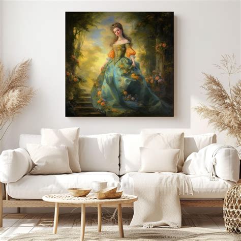 Romantic Rococo Woman Canvas Print Feminine Wall Art With Floral