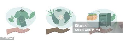 환경 친화적 인 지속 가능한 지구를 잡고있는 돌보는 캐릭터 손 유기농 면직물 및 재활용 섬유 지구의 생태 보존 감소에 대한 스톡