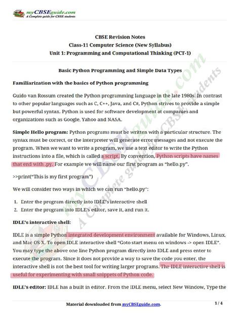 11computersciencenotesunit1pythonprogsimple240125010236 Pdf