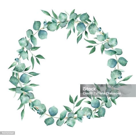흰색 배경에 격리된 수채화 원형 프레임 유칼립투스와 피스타치오 가지 손으로 그린 식물 그림입니다 문구류 청첩장 날짜 저장 인사말 카드 로고 스티커에 이상적입니다 화관에 대한