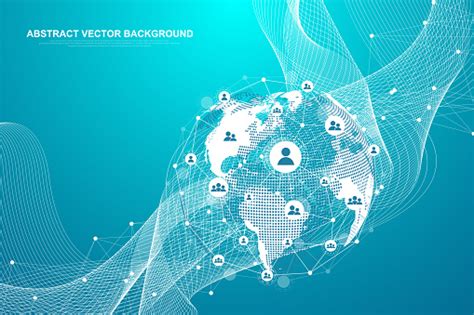 글로벌 네트워크 연결 개념입니다 빅 데이터 시각화 글로벌 컴퓨터 네트워크의 소셜 네트워크 통신 인터넷 기술 비즈니스 과학 벡터 일러스트레이션 개념에 대한 스톡 벡터 아트 및