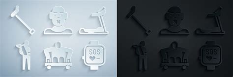 휠체어에 앉아있는 다리가 없는 남자 러닝 머신 기계 인간의 부러진 팔 스마트 시계 귀머거리와 벙어리의 머리 및 지팡이 지팡이 아이콘을 설정합니다 벡터 3차원 형태에 대한