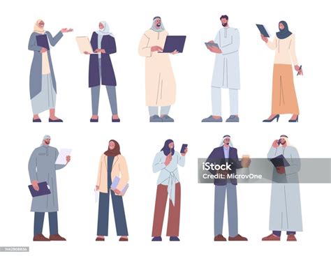 아랍 비즈니스 캐릭터 무슬림 사장 아랍 여성 및 남성 회사원 플랫 다양 한 사업가 사업가 사우디 킥키 벡터 세트 남자에 대한