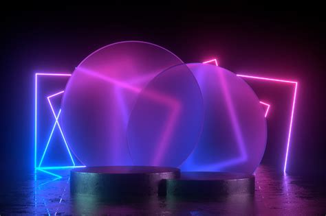 빈 제품 스탠드 연단 자외선 네온 레이저 빛나는 라인어두운 방에서 플랫폼 0명에 대한 스톡 사진 및 기타 이미지 0명 3
