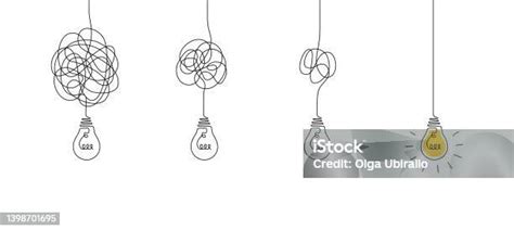 전구와 얽히고 낙서 된 전선의 연속 선 그리기 복잡한 문제 해결 과정의 개념과 간단한 선형 스타일로 아이디어를 명확히합니다 낙서 벡터 일러스트 레이 션 개념에 대한 스톡