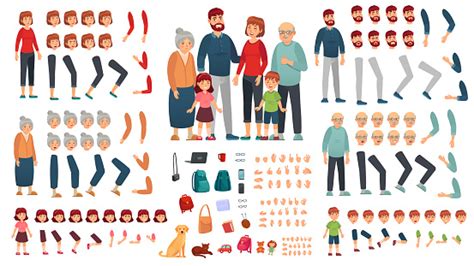 만화 가족 만들기 키트입니다 부모 자식 및 조부모 캐릭터 생성자입니다 큰 가족 벡터 일러스트 세트 등장인물에 대한 스톡 벡터 아트 및 기타 이미지 Istock