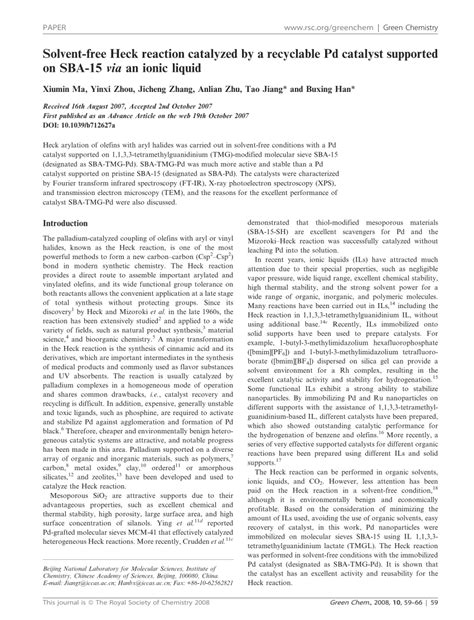 Pdf Solvent Free Heck Reaction Catalyzed By A Recyclable Pd Catalyst Supported On Sba 15 Via