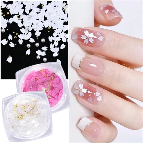 벚꽃 네일 아트 스팽글 핑크 화이트 3d 꽃 손톱 꽃 꽃잎 슬라이스 칩 일본식 매니큐어 Ntyen01 06 Aliexpress