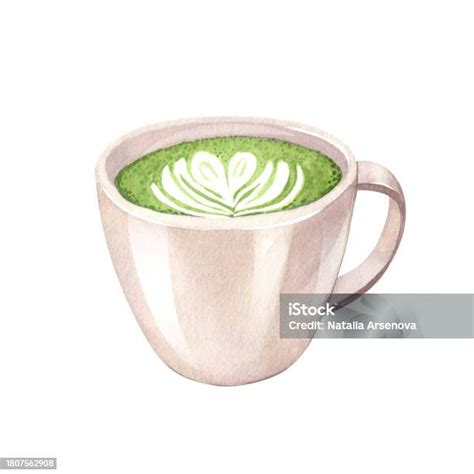 수채화 유기농 녹색 일본 말차 라떼 손으로 그린 그림 흰색 배경에 고립되어 있습니다 녹차 향기로운 음료 컵은 만화 평면 스타일의 흰색 배경에 고립되어 있습니다 수채화에 대한
