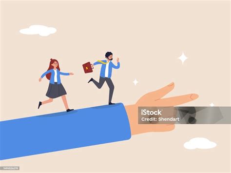 업무 성공을 위한 팀워크 팀원을 이끄는 리더십 목표 또는 목표를 달성하기 위한 비즈니스 방향 승자 깃발을 들고 있는 사업가 리더는 손가락을 가리키며 사업가를 이끌고 있습니다