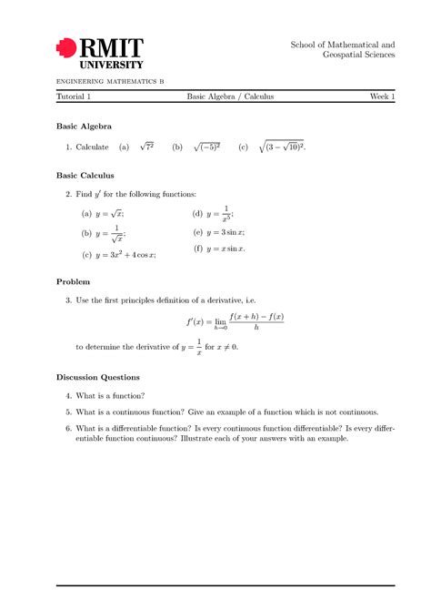 Tutorial School Of Mathematical And Geospatial Sciences Engineering Mathematics B