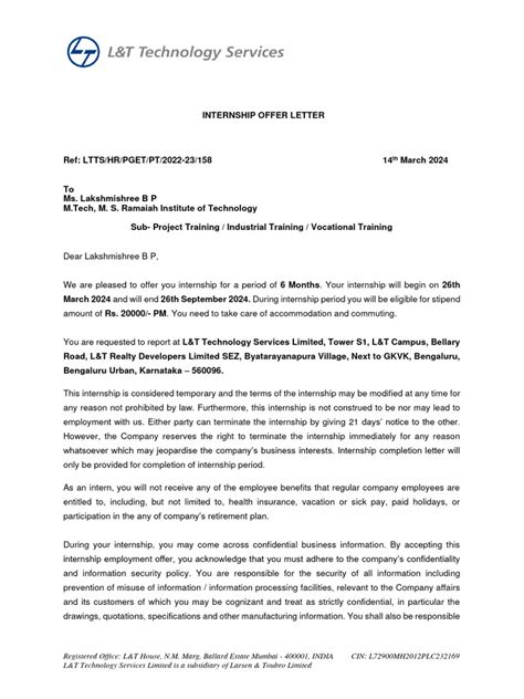 Ltts Internship Offer Letter Lakshmishree B P Download Free Pdf Intellectual Property